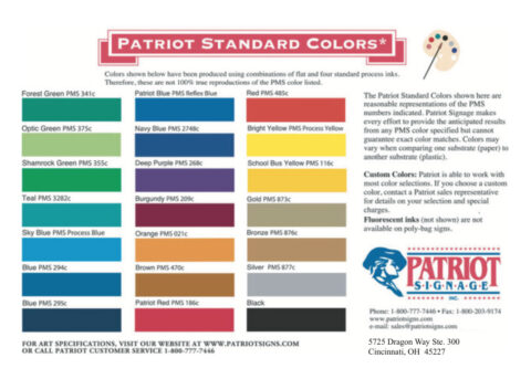 Patriot Signage - Product colors and artwork options